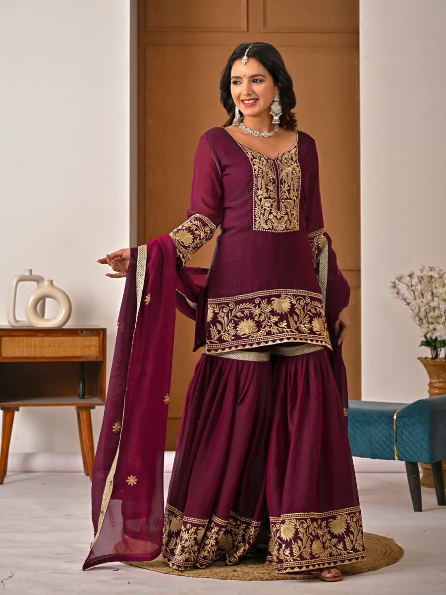 Wine Color Embroidered Fendy Silk Sharara Set | Ladyfamina